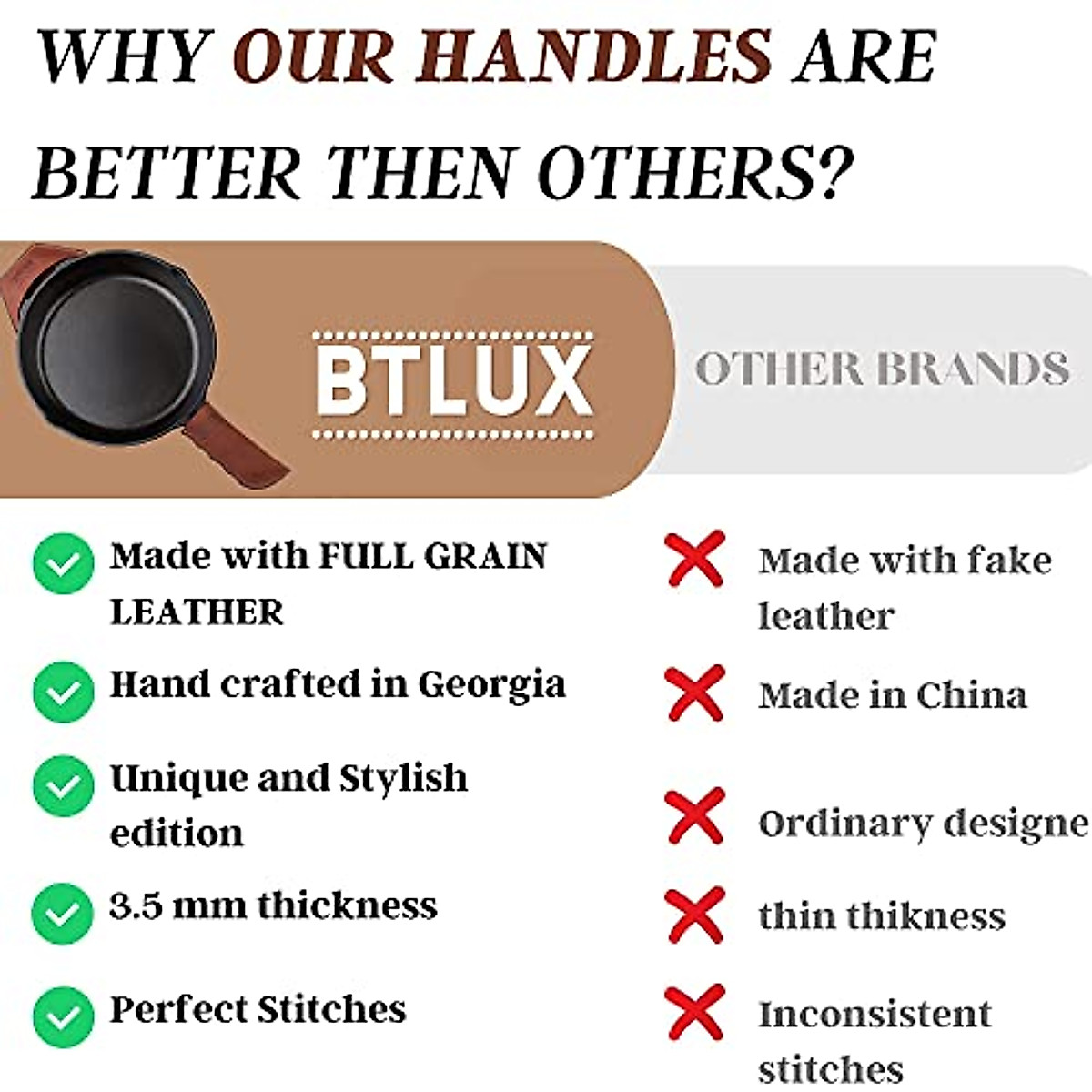 BTLUX Cast Iron Handle Cover, Set of 2 - Extra Thick Leather Heat Resistant Handle Holder for Cast Iron Skillets, Pans - 𝐌𝐚𝐝𝐞 𝐢𝐧 𝐆𝐞𝐨𝐫𝐠𝐢𝐚