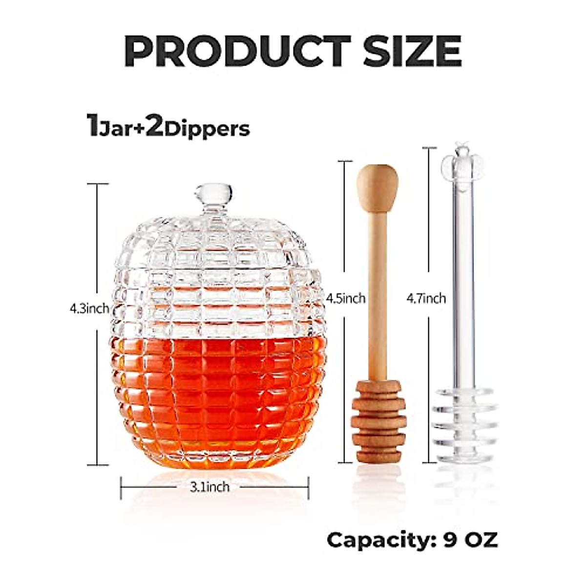 Ahoo Glass Honey Jar,Dispenser Honey Pot Containers with Wooden Dipper Stick Set and Lid,Storage Honey Holder Bottle