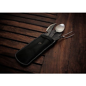 Handforged Medieval Cutlery Set - Stainless Steel Knife, Fork and Spoon Set - Includes Genuine Leather Utensil Pouch