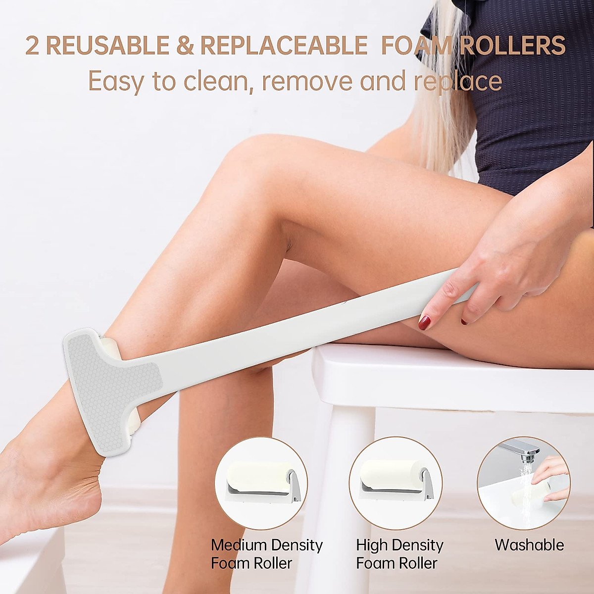 KUMSANITE Lotion Applicator for Back & Body with Folding Curved Long Handle for Any Lotions Sunscreen Cream Medication Ointment for Women Men, 2 Replaceable Foam Rollers with Bracket (White)