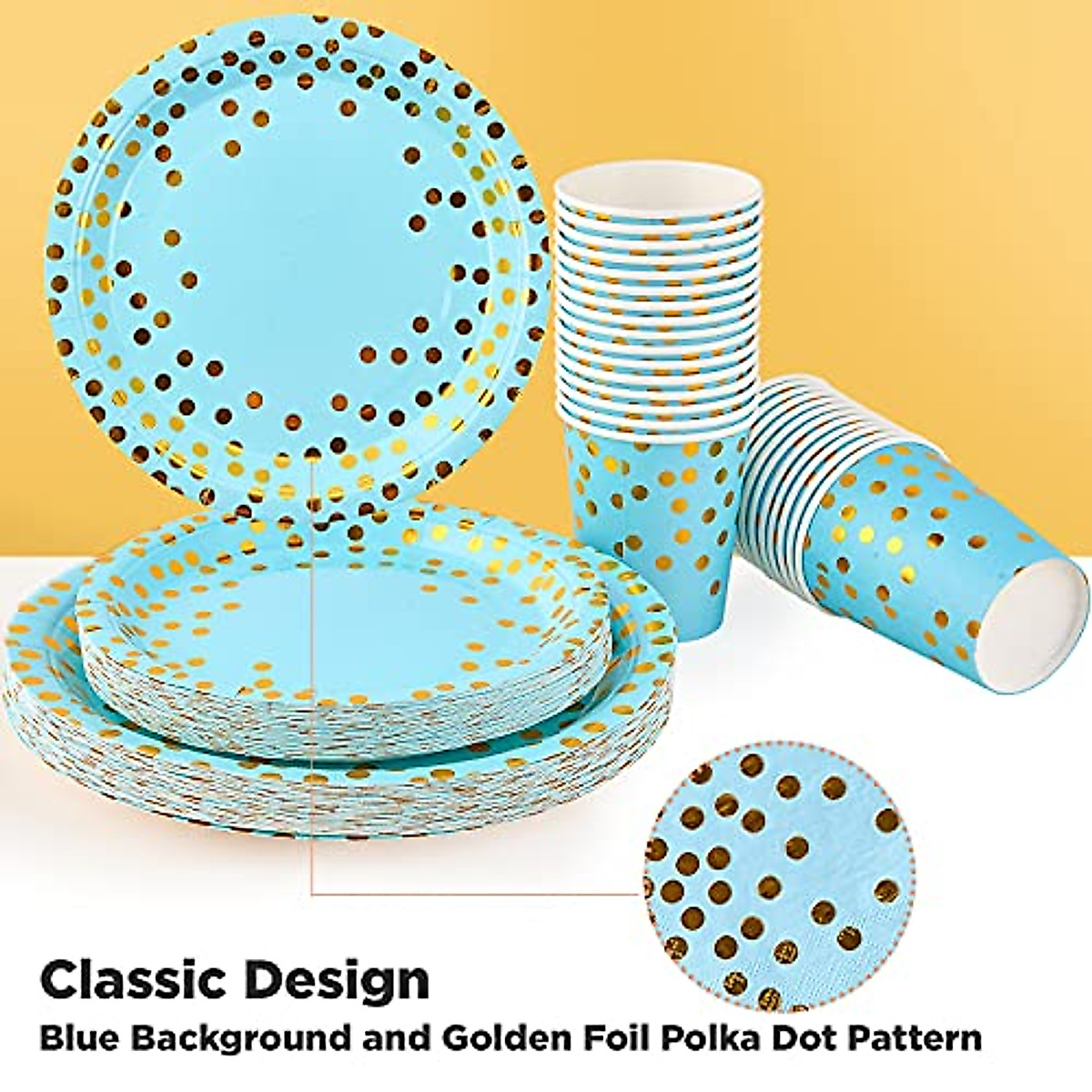 210 Piece Golden Dot Dinnerware Set 30 Guest - 60 Blue Paper Plates,30 Gold Plastic Silverware,30 Paper Cups,30 Paper Napkins, FOCUSLINE Disposable Party Dinnerware for Graduation Birthday Wedding