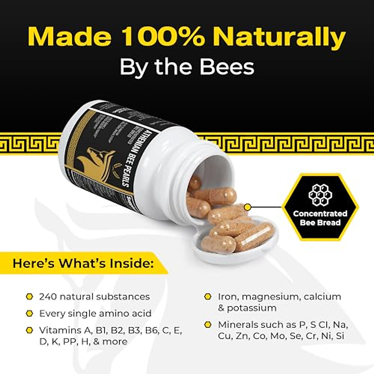 Bee Pollen Supplement Athenian Bee Pearls | Natural Immunity & Vitality Support Bee Pollen Capsule | Spartan Bee Bread Extract & Vitamin C | Non GMO, Nothing Synthetic, All Natural Organic Bee Pollen