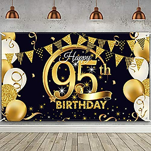 Birthday Party Decoration Extra Large Fabric Black Gold Sign Poster for Anniversary Photo Booth Backdrop Background Banner, Birthday Party Supplies, 72.8 x 43.3 Inch (95th)