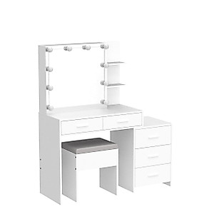 Karl home Lighted Vanity Desk with Sliding Mirror White Makeup Table with 5 Drawers, Storage Shelves, Cushioned Stool, LED Dressing Table Set for Women