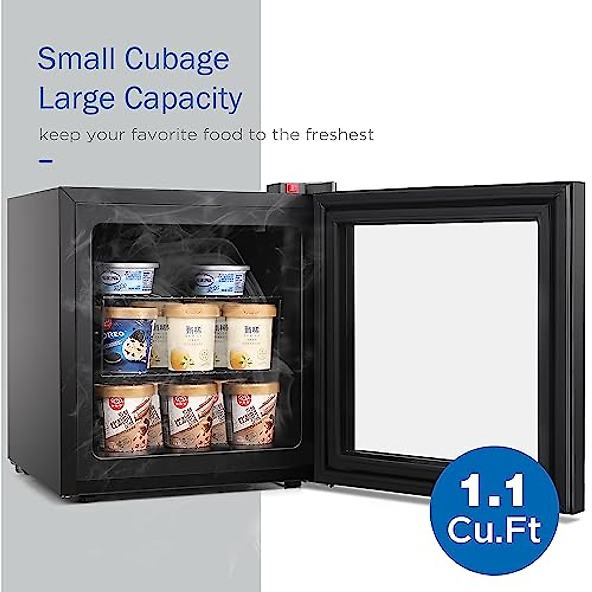 ADT Mini Freezer with Display Glass Door 1.1 Cu Ft Small Freezer with 2 Removable Shelves 7 Temperature Settings -8°F to 14°F Perfect for Liquor and Ice Cream