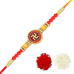 Dmoksh Rakhi for Brother 4 Pics Rakhi Set Designer Rakhi for Brother With Roli & Rise|God Rakhi for Raksha bandhan |Bracelet Rakhi|Wooden Beads&Pearl|Best Gift Rakhi for Brother.