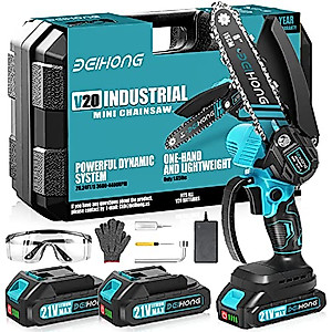 BEI & HONG Mini Chainsaw 6-Inch with 2 Batteries, Cordless Power Chain Saws with Security Lock, Handheld Small Chainsaw for Wood Cutting Tree Trimming （2023 upgrade）