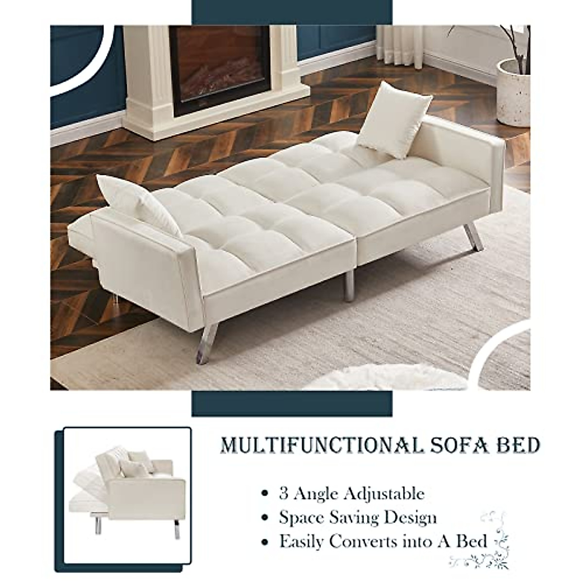Convertible Velvet Futon Sofa Bed, Modern Sleeper Sofa with 2 Pillows, 3 Adjustable Angles for Backrest, Living Room Couch with 5 Sturdy Metal Legs, Upholstered Loveseat for Home, Office, White