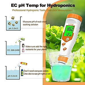 YINMIK Hydroponics EC pH Tester, Simultaneous Display pH ppm for Base Reservoir Water, Continuous Monitoring of pH Conductivity Temp. ppm for Growing Nutrients, Indoor DWC System, Aeroponic Garden