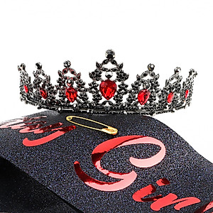 CIEHE Red and Black Birthday Decorations, Queen of Hearts Crown + Black Birthday Girl Sash Set, Birthday Crown and Sash for Women, Birthday Sash for Women Birthday Tiara, Birthday Girl Crown Birthday