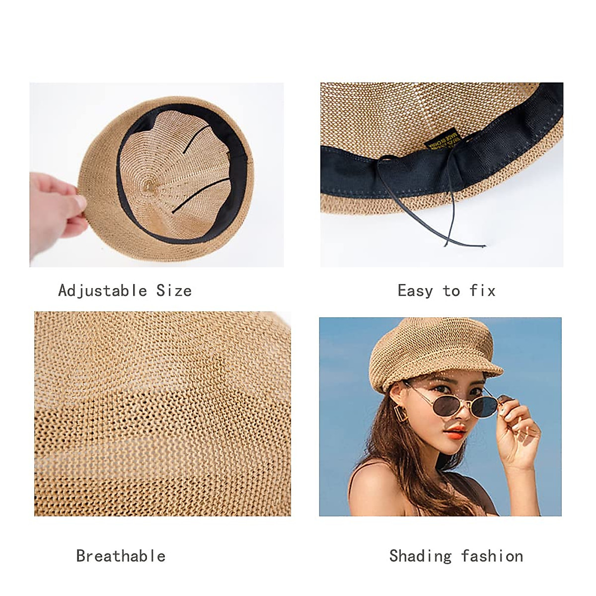 Octagonal Cap Straw Women Summer Thin Newsboy Cap Painter Adjustable Rope Knitted Beret Mesh Breathable Boinas para Mujer, One Size