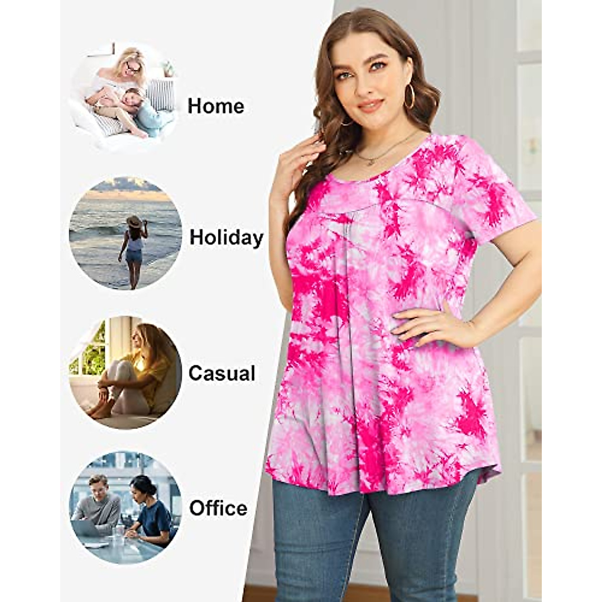JUEYUN Plus Size Women's 2023 Casual Summer Short Sleeve Tops Loose Flowy Tunic Cute Pleated Flower Print Tee Shirts,Leaf Green,2X-Large