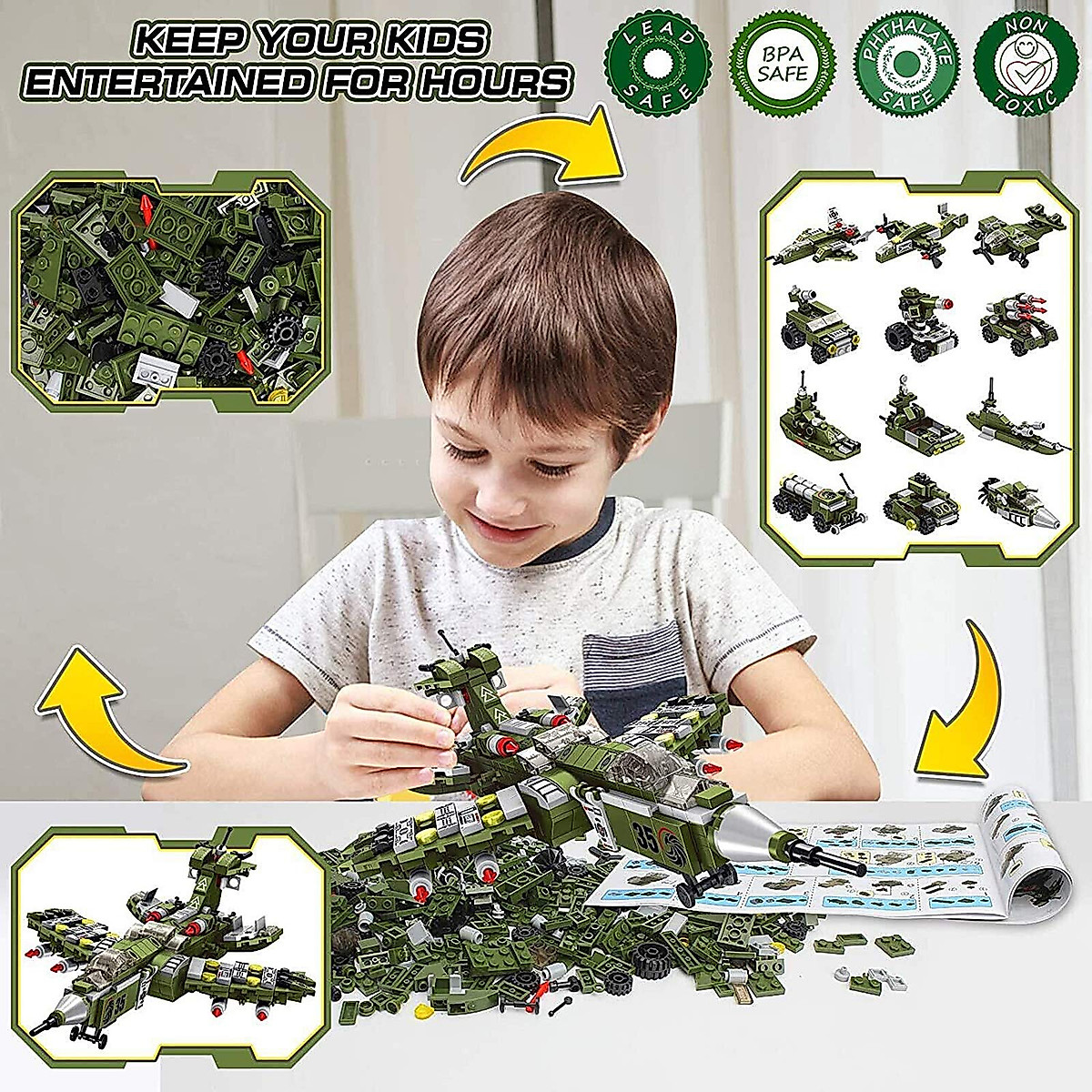 WIDELAND STEM Building Block Toys, 576PCS Military Engineering Building Bricks Toy for Kids, 25-in-1 Army Destroyer Fighter Tank Playset Construction Kits, Idea Toy Gifts for Age 6 7 8 9 10+ Years Old
