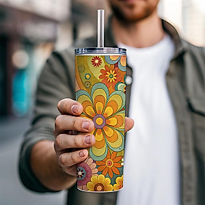 70's Retro Groovy Hippie Pretty Floral Design Skinny Tumbler 20oz with Straw Insulated Water Bottle Gift