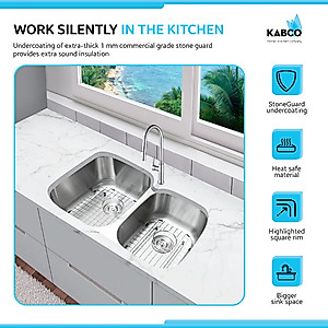 KABCO 32 Inch 18 Gauge Undermount Stainless Steel Classic Kitchen Sink, Rust Resistant, Sound and Heatproof, Double Unequal Bowl Swirl Finish Sink with Sink Strainers, Garbage Baskets and Sink Grids