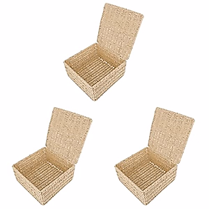 Cabilock 3pcs Drawer Bedroom Wicker Handwoven Vanity Bin Small Organizer Rattan Table Lid Gift Fruit Bathroom Laundry Bread Decorative Square Organizing Straw Flower Paper with Storage