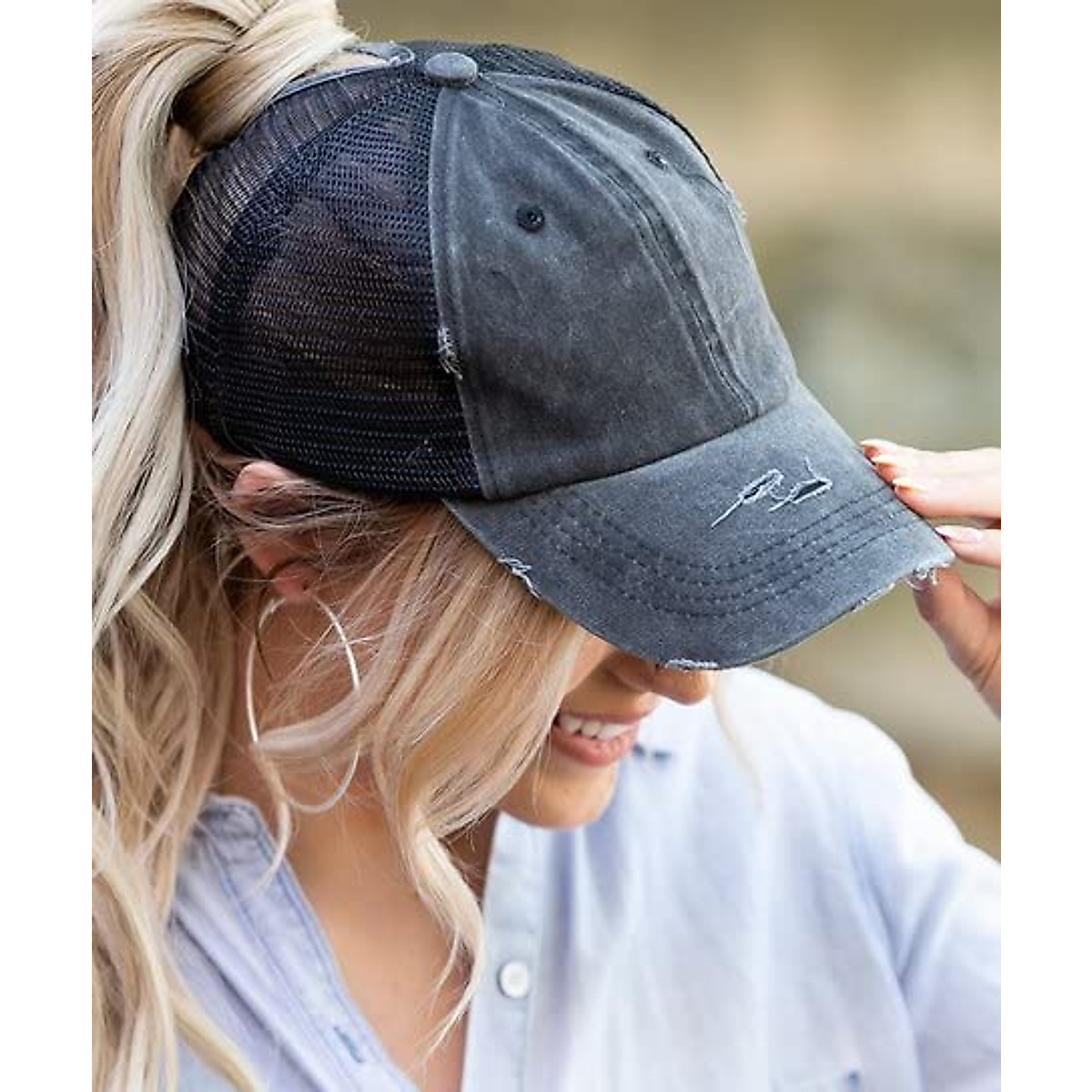 Eohak Distressed Ponytail Hats Baseball for Women Messy-Bun Pony Caps (Black+Grey)