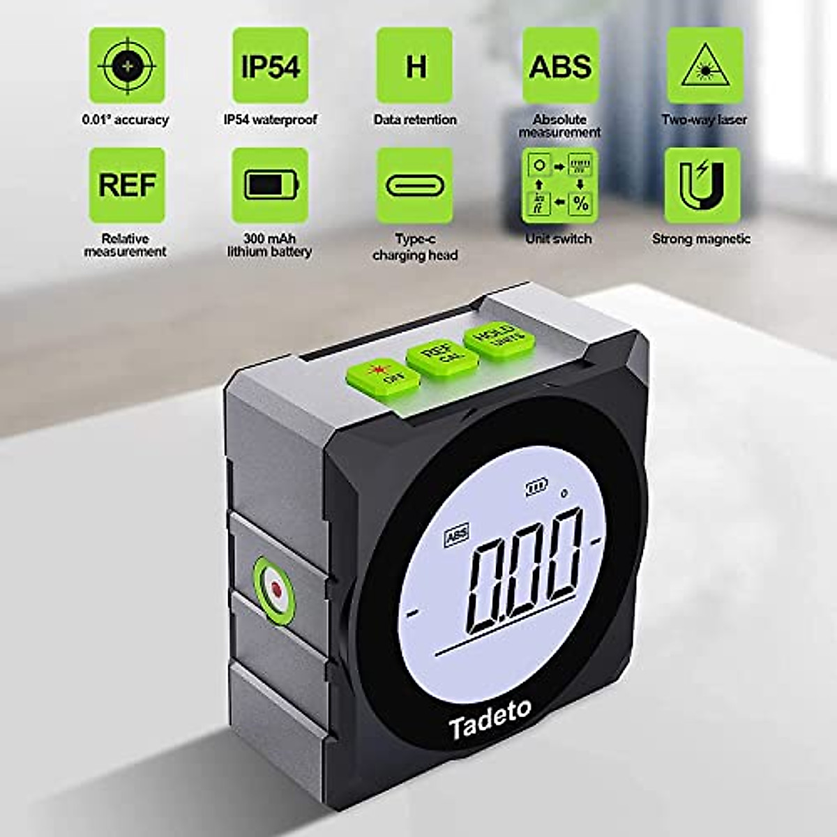 Digital Angle Finder, Tadeto Digital Level Inclinometer Protractor Laser Level 3 in 1 Magnetic IP54 Waterproof Angle Gauge with Large LCD Screen Backlight Type-C Fast Charging