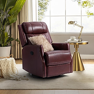 HULALA HOME Genuine Leather Swivel Rocker Recliner with Metal Base, Manual Glider Recliner Chair with Adjustable Backrest & Footrest, Modern Home Theater Sofa Chair for Living Room, Burgundy