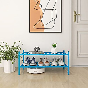 quiqear Bamboo Shoe Rack, 2 Tier Shoe Rack Organizer, Stackable & Durable Shoe Shelf Holder, Free Standing Shoe Racks, Shoe Storage Organizer for Entryway, Closet, Hallway (Blue)