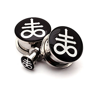 Mystic Metals Body Jewelry Screw on Plugs - Leviathan Cross Style 2 Picture Plugs - Sold As a Pair (1" (25mm))