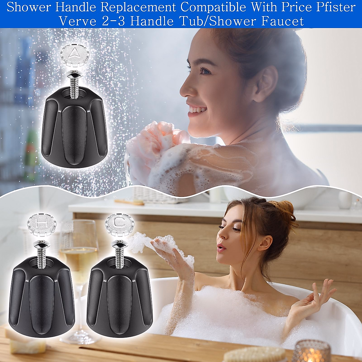 Dreyoo 3 Piece Shower Knob Replacement Compatible with Price/Pfister Verve Tub Shower, Bathtub Faucet Handle Remodel Trim Kit Include 1 Hot 1 Cold 1 Diverter and 3 Screws(Matte Black)