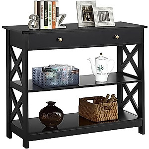Yaheetech Console Table with Drawer, 39.5 Inch Narrow Sofa Table with Storage Shelves, 3-Tier Wood Entryway Table for Hallway/Living Room/Foyer, Black