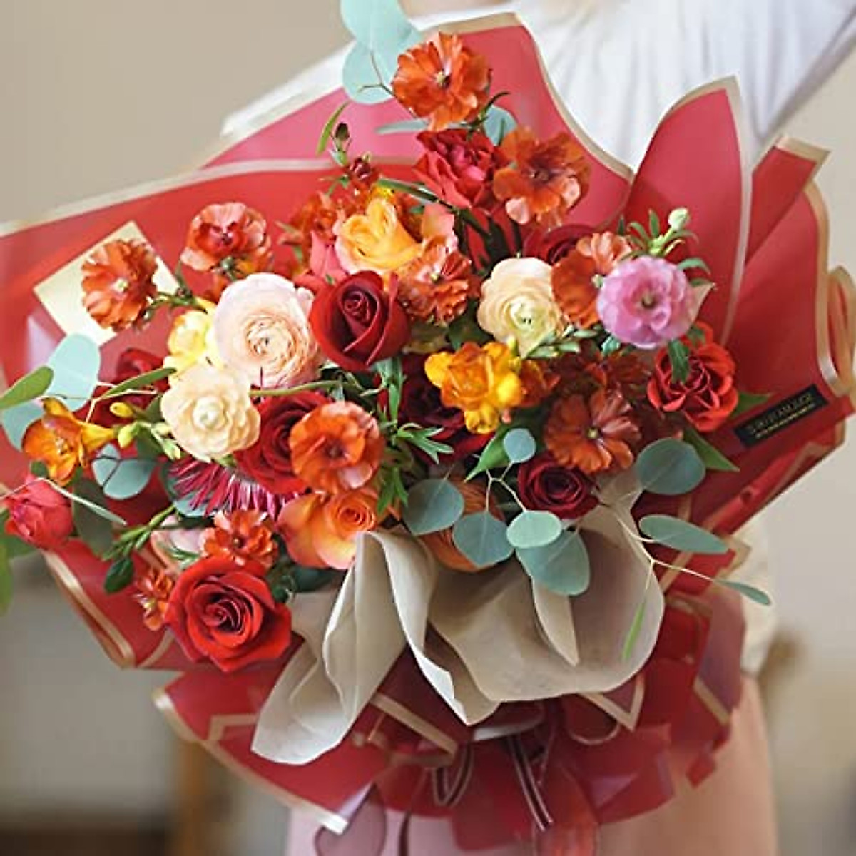 Korean Golden Edge Jelly Film Floral Wrapping Paper 20 Sheets Florist Supplies Waterproof Flower Bouquet Wrapping Paper Floral Supplies for Fresh Flowers, 23.6x23.6 Inch (Khaki)