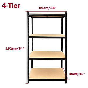 AUTOFU 4-Tier Utility Shelves, Garage Shelving Unit, Metal Storage Shelves, Adjustable Storage Racks, Heavy Duty Shed Shelf, Kitchen Racking - Black, 64" x 31" x 16"