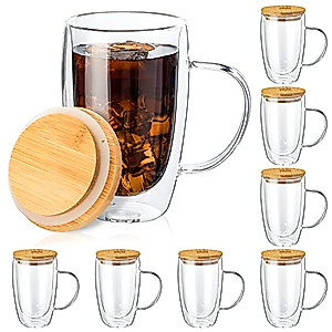 Eccliy 8 Pcs 16 oz Double Walled Glass Coffee Mugs Clear Coffee Mug Insulated Coffee Mugs with Handle and Bamboo Lid, Exquisite Clear Glass Cups for Coffee Tea Latte Cappuccino Espresso