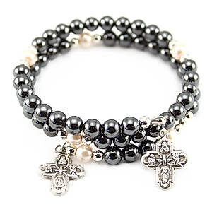 Wrap Around Rosary Bracelet Hematite Beads Four Way Cross