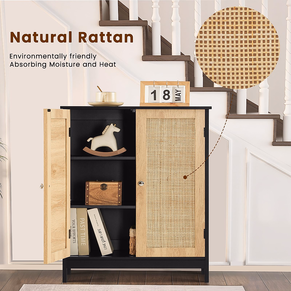 Iwell Storage Cabinet with Rattan Doors, Bathroom Storage Cabinet with Adjustable Shelf, Floor Cabinet for Living Room, Entryway, Kitchen, Home Office, Black