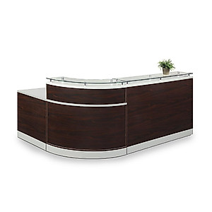 NBF Modern Reception Desk with Counter, Front Desk, Retail Checkout Counter, L Shaped, Office, Lobby, Salon, Store, Curved, 79" W x 63" D, Driftwood