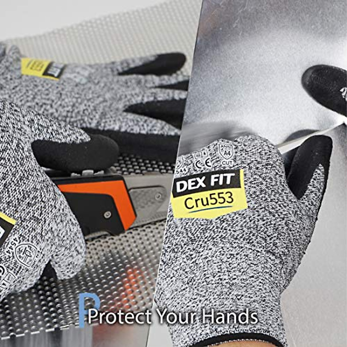 DEX FIT Level 5 Cut Resistant Gloves Cru553, 3D-Comfort Fit, Firm Grip, Thin & Lightweight, Touch-Screen Compatible, Durable, Breathable & Cool, Machine Washable; Grey L (9) 1 Pair