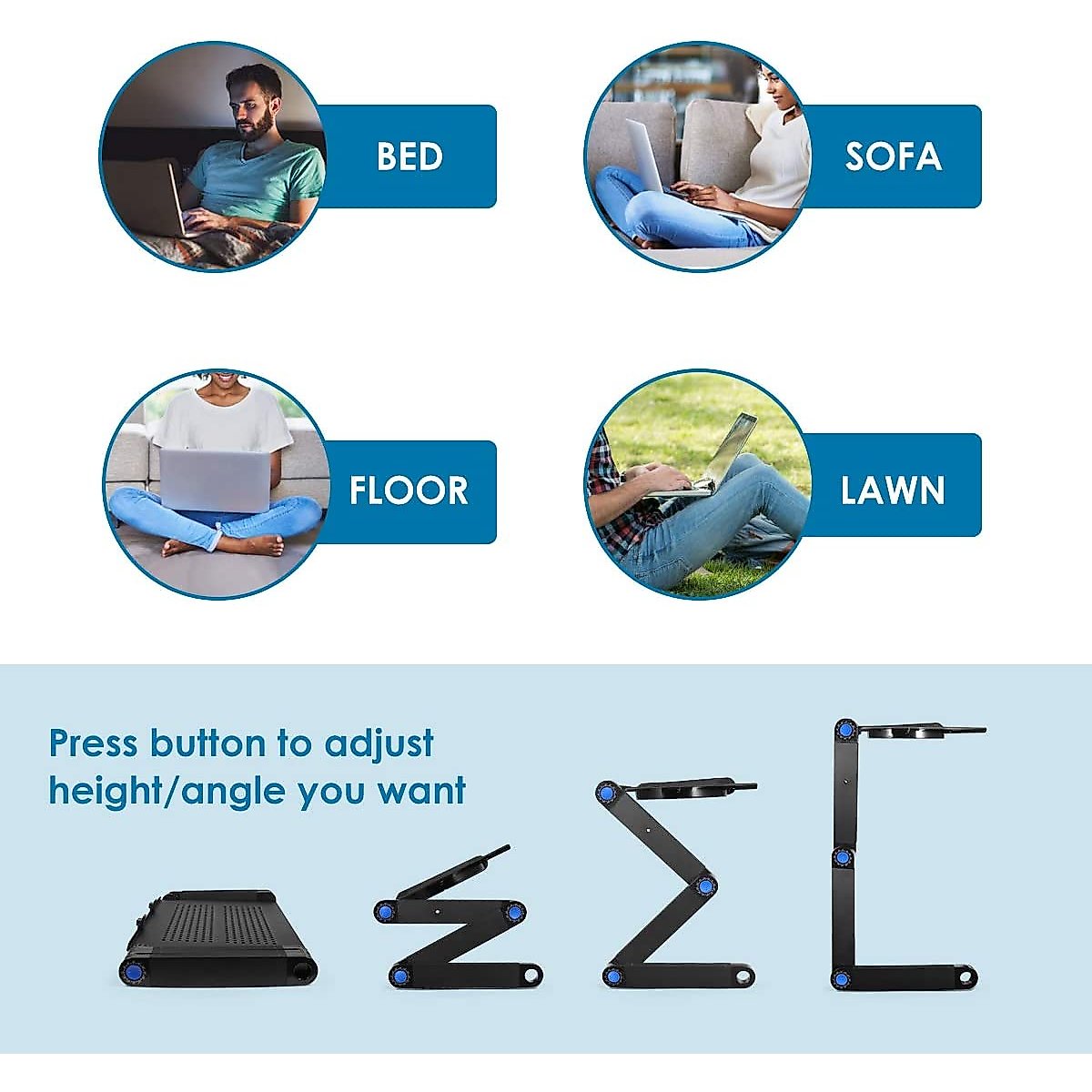 Laptop Table, Adjustable Laptop Bed Table, Laptop Computer Stand, Portable Laptop Workstation Notebook Stand Reading Holder with Large CPU Cooling Fan and Mouse Pad in Bed Couch Office Sofa