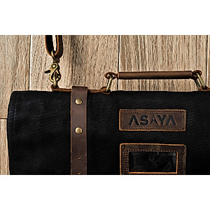 Asaya Waxed Canvas Knife Roll - 15 Knife Slots, Card Holder and Large Zippered Pocket - Genuine Leather, Cloth and Brass Buckles - for Chefs and Culinary Students - Knives Not Included