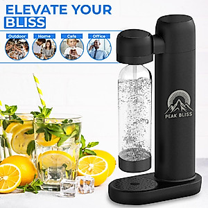 Peak Bliss Original Soda Maker (Matte Black): Carbonate Drink (1L PET Bottle Included), Create Sparkling, Seltzer & Fizzy Water, Compatible with Any Screw-In 60L CO2 Carbonator (Not Included)