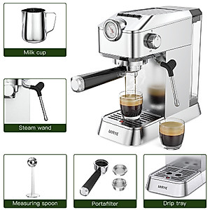 MR MIRYE Espresso Machine, 20 Bar Stainless Steel Espresso Maker Silver Coffee Machine for Home or Office With Removable Water Tank, Measuring Spoon, Brewing Filter, Milk Cup, Milk Frother Steam Wand