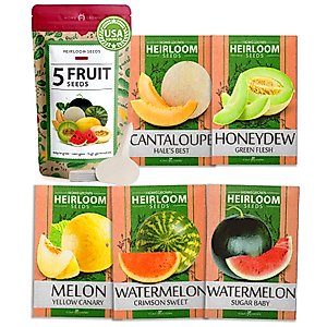 HOME GROWN 5 Melon Fruit Seeds Variety Pack - Watermelon Seeds, Melon Seeds, Cantaloupe, Sugar Baby Watermelon, Honeydew Fruit Seeds for Planting Home Garden - Non GMO Heirloom Seeds for Planting