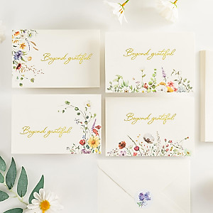 Crisky Beyond Grateful Thank You Cards 4 Assortment, Printable Watercolor WildFlowers (50 Cards with Envelopes for Birthday, Baby Shower, Bridal Shower, Wedding, All Occasion)