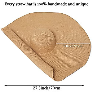 Oversized Beach Straw Hat for Women, Fashion Large Wide Brim Visor Hats Handmade Roll Up Floppy Sun Hat for Summer Beach Cap Khaki