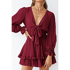 PRETTYGARDEN Women's Short A-Line Flare Dress Knot Front Long Sleeve V Neck Tiered Ruffle Swing Mini Skater Dresses (Wine Red,Small)