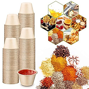 Romooa 300 Pieces Bagasse Fiber Souffle Cups Mini Paper Disposable Condiment Food Sample Small Sauce Container Portion Bowls Dipping for Snack Dessert Storage (2 oz), Beige