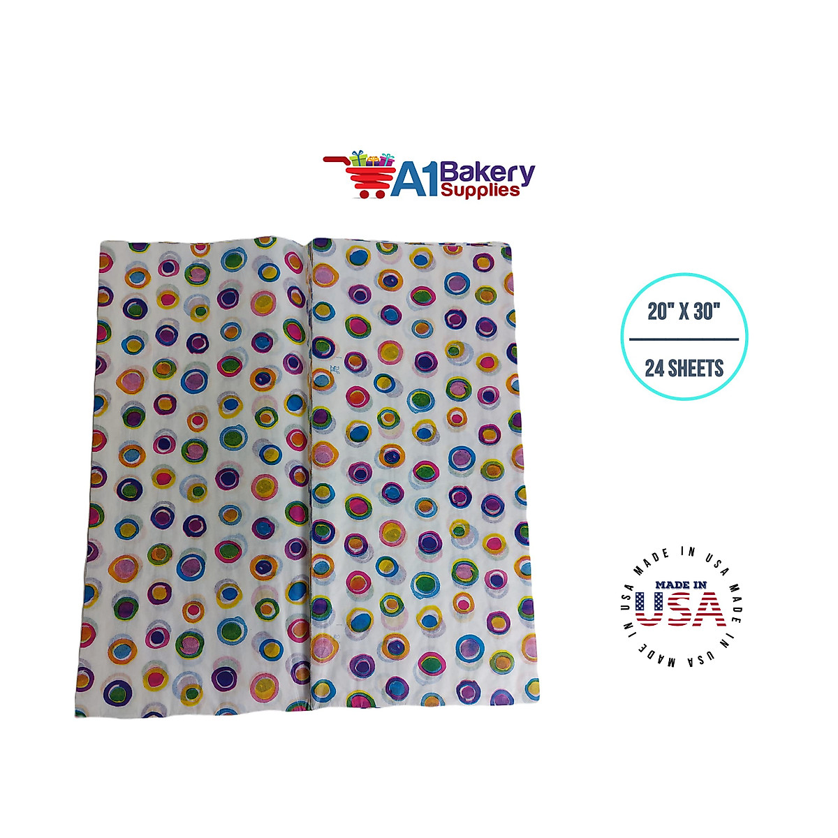 Rainbow Polka Dot Tissue Paper Rainbow Spots Dot Premier High Quality Tissue Paper - 20 Inch x 30 Inch - 24 XL Sheets by A1 bakery supplies MADEIN USA