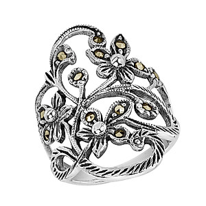 AeraVida Beautiful Marcasite Style Detailed Pyrite Flower Vine .925 Sterling Silver Ring for Women - Size 9