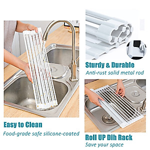 ZOIMINU White Roll Up Dish Rack, Over Sink Dish Drying Rack, Heat-Resistant Anti-Slip Stainless Steel Dish Drainer with Silicone-Coated for Cups Fruits Vegetables - 20.5" x 13.1"