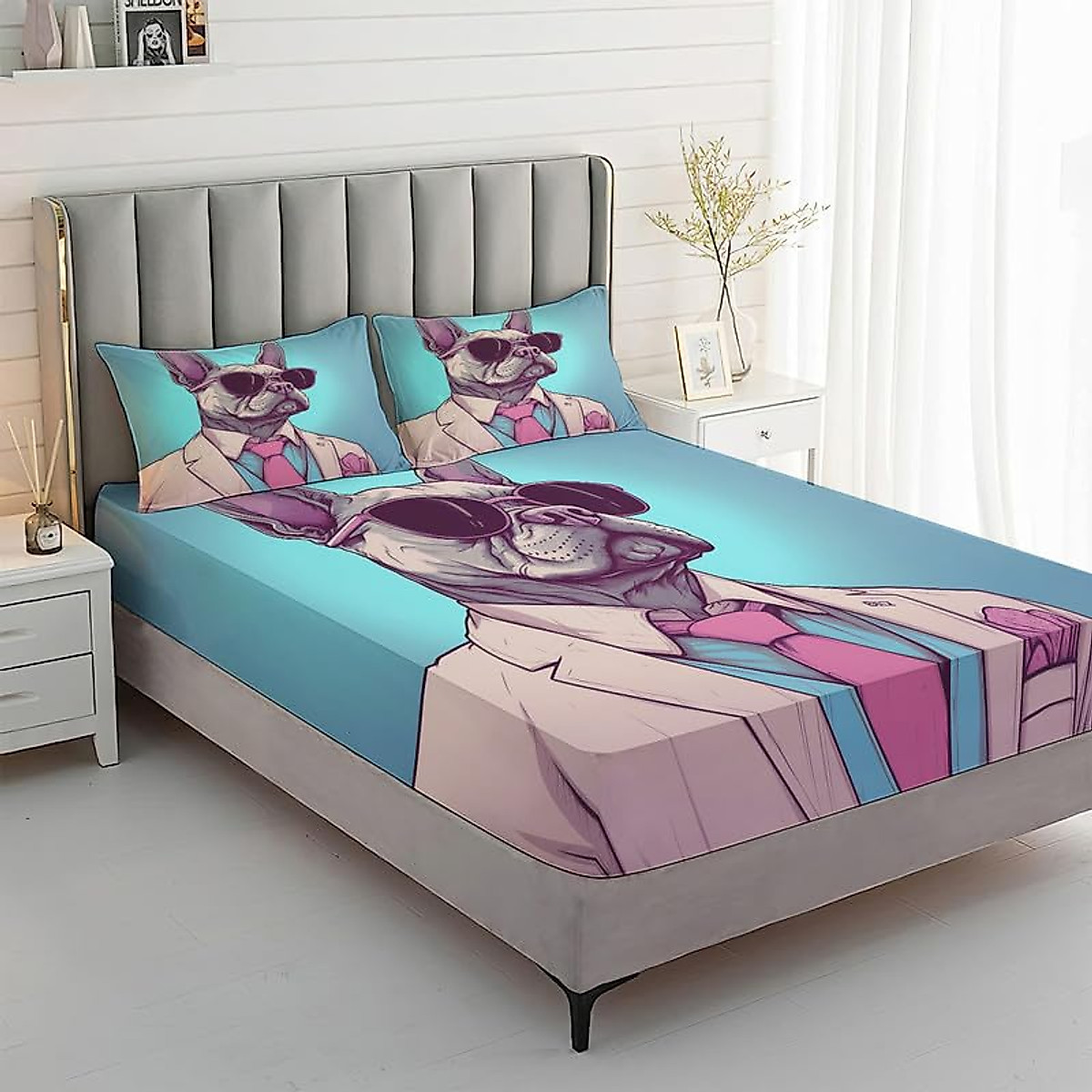 NANDHA French Bulldog Sheet Set Full Size - Funny Bed Sheets - Dog Printed Bedding Sheets & Pillowcases - Super Soft & Deep Pocket & Winkle Free - 4 Piece (Flat, Fitted Sheet & 2 Pillowcases)