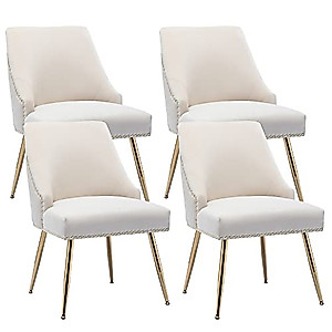 KCC Velvet Dining Room Chairs Set of 4 Nailhead Back Ring Pull Trim with Gold Legs for Kitchen Living Room(Beige)
