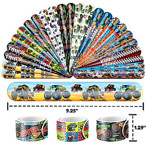 48PCS Monster Truck Party Favors - 24 Tattoos & 24 Slap Bracelets, Perfect for Big Car-Themed Birthdays, School Rewards, and Classroom Prizes for Boys & Girls