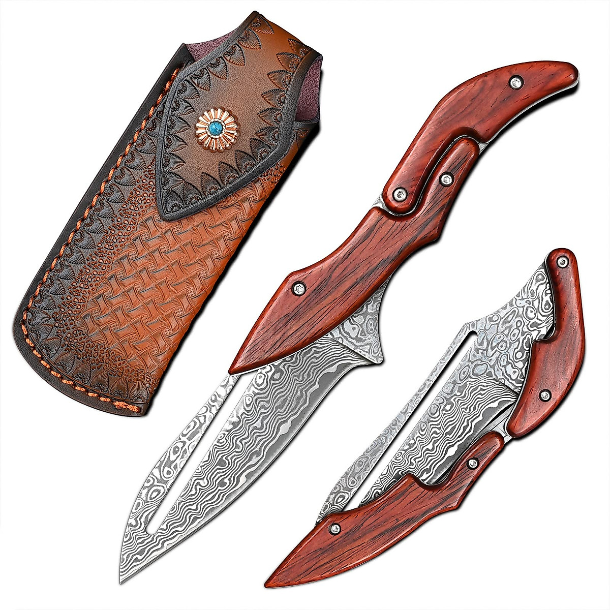 SDOKEDC Damascus Steel Folding Knife Pocket Knife Yellow Sandalwood Handle Mechanical Lock Outdoor Camping Survival (Curved blade)